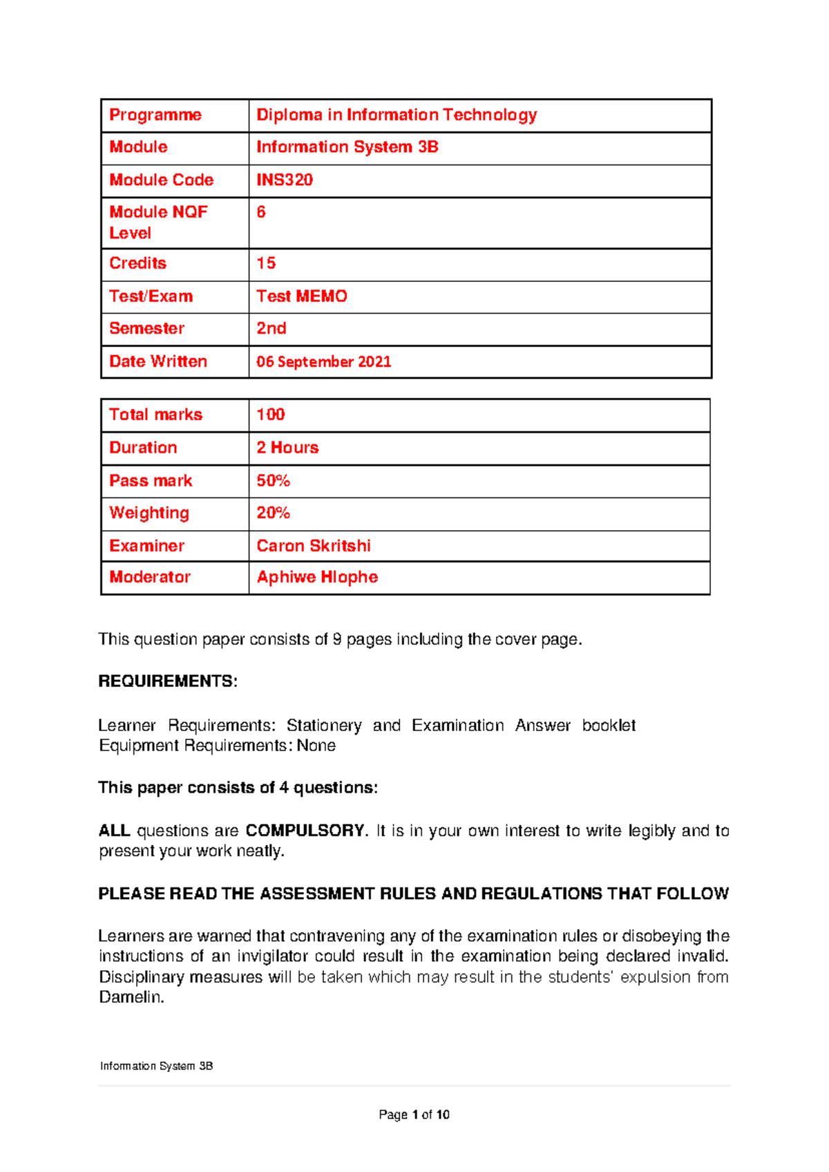 Information Systems 3B FT Test Memo - Information System 3B Programme ...
