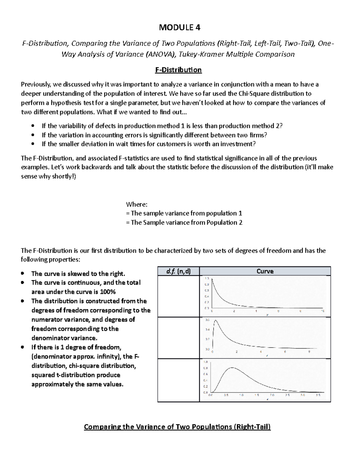 Notes 4- MGQ 301 - MODULE 4 F-Distribution, Comparing the Variance of ...
