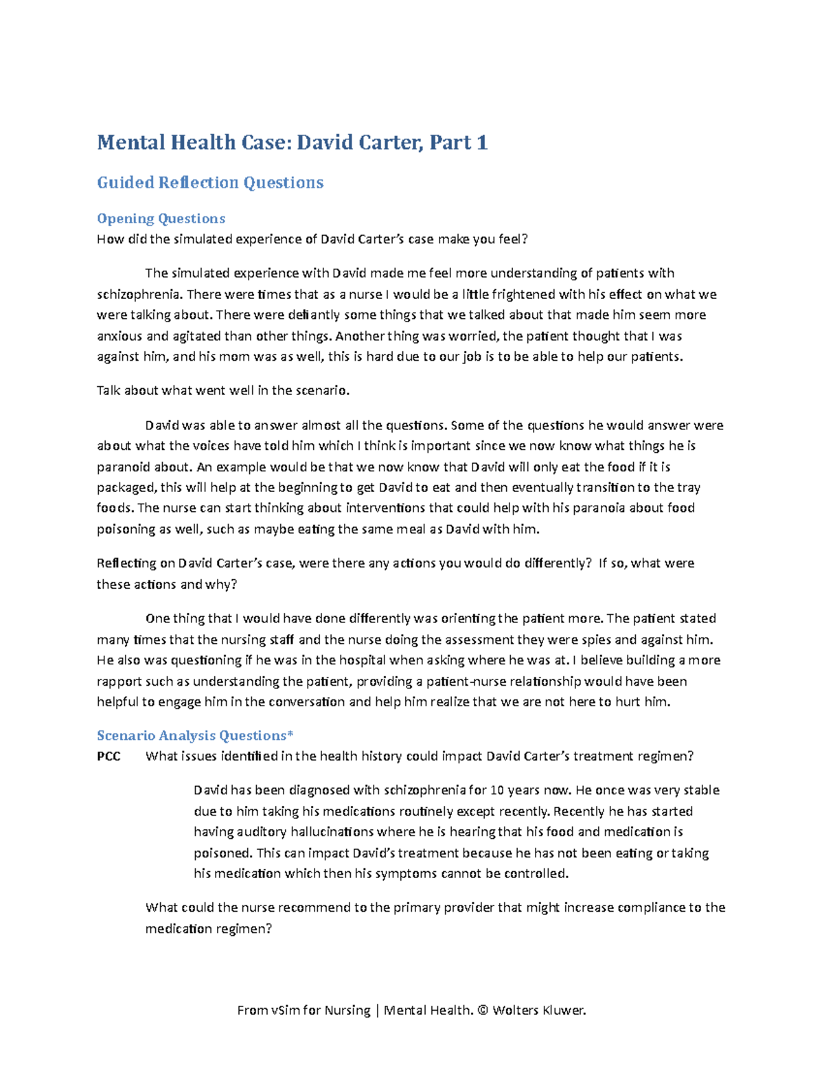 Guided Reflection for David Carter Part I - Mental Health Case: David ...