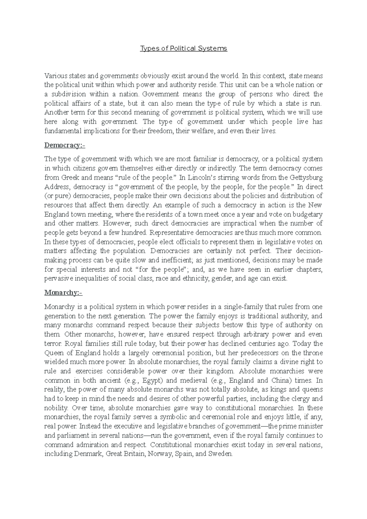 Types of Political Systems - Types of Political Systems Various states ...