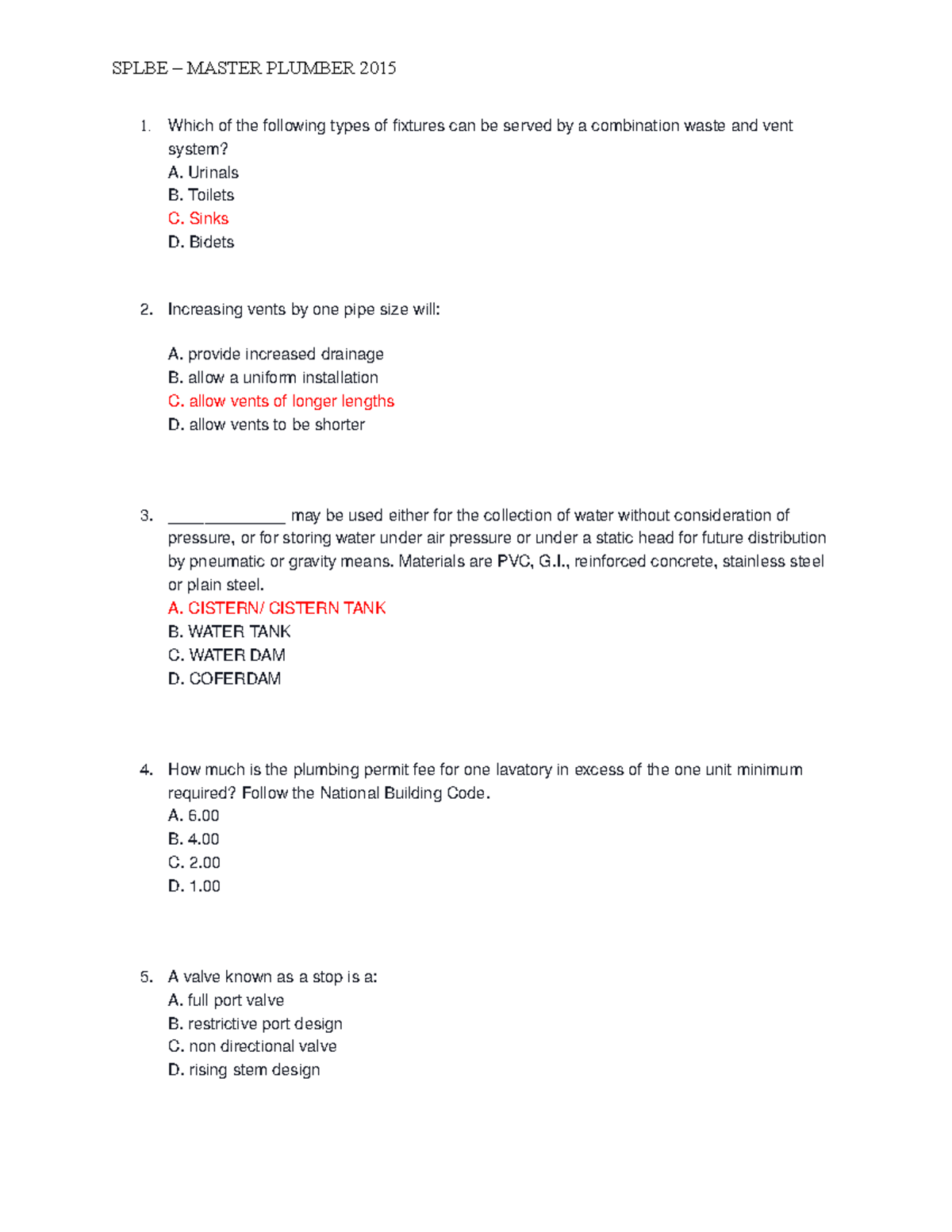 Review, questions and answers - SPLBE – MASTER PLUMBER 2015 1. Which of ...