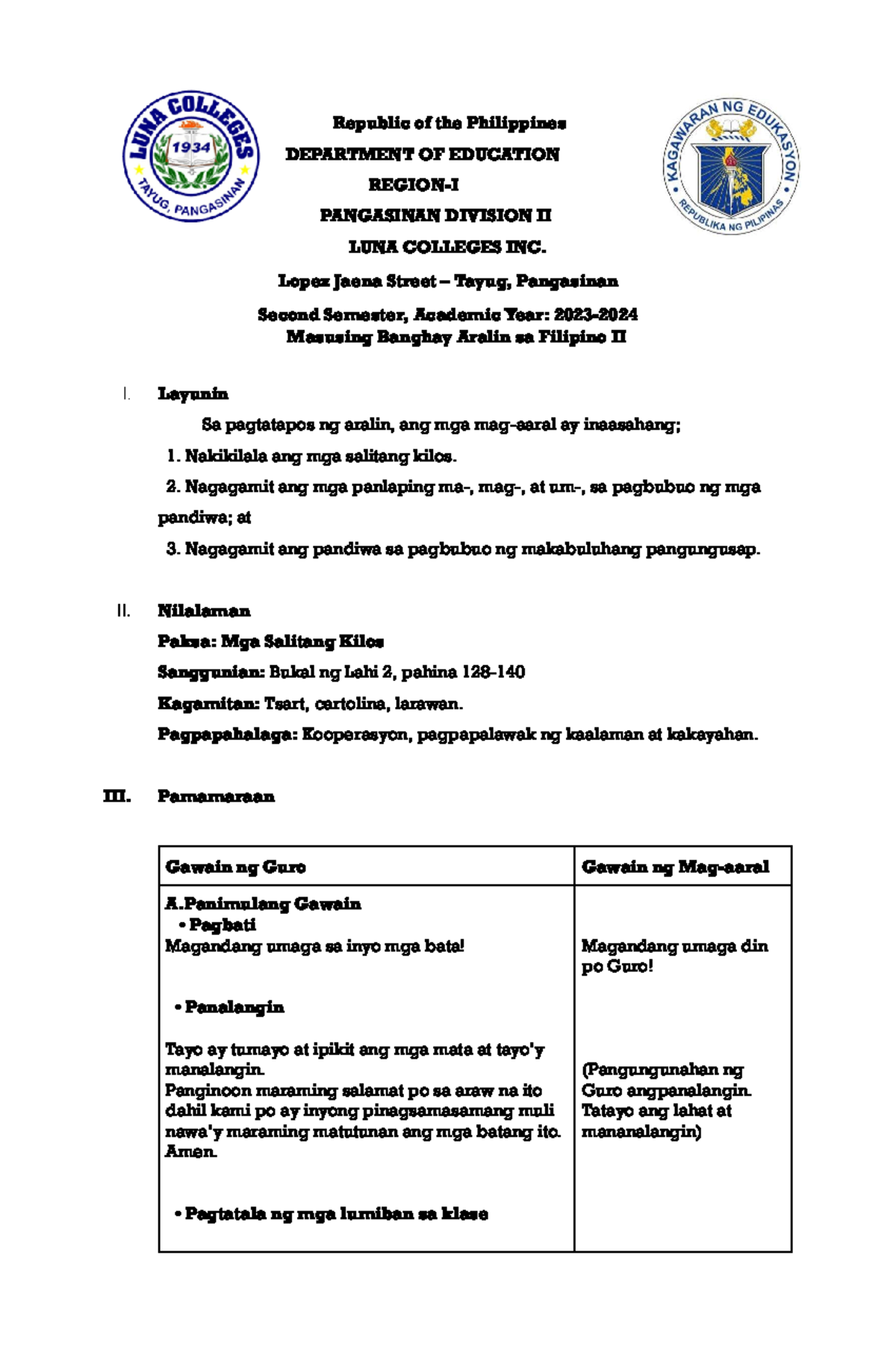 DLP- Filipino demo - good luck - Republic of the Philippines DEPARTMENT ...