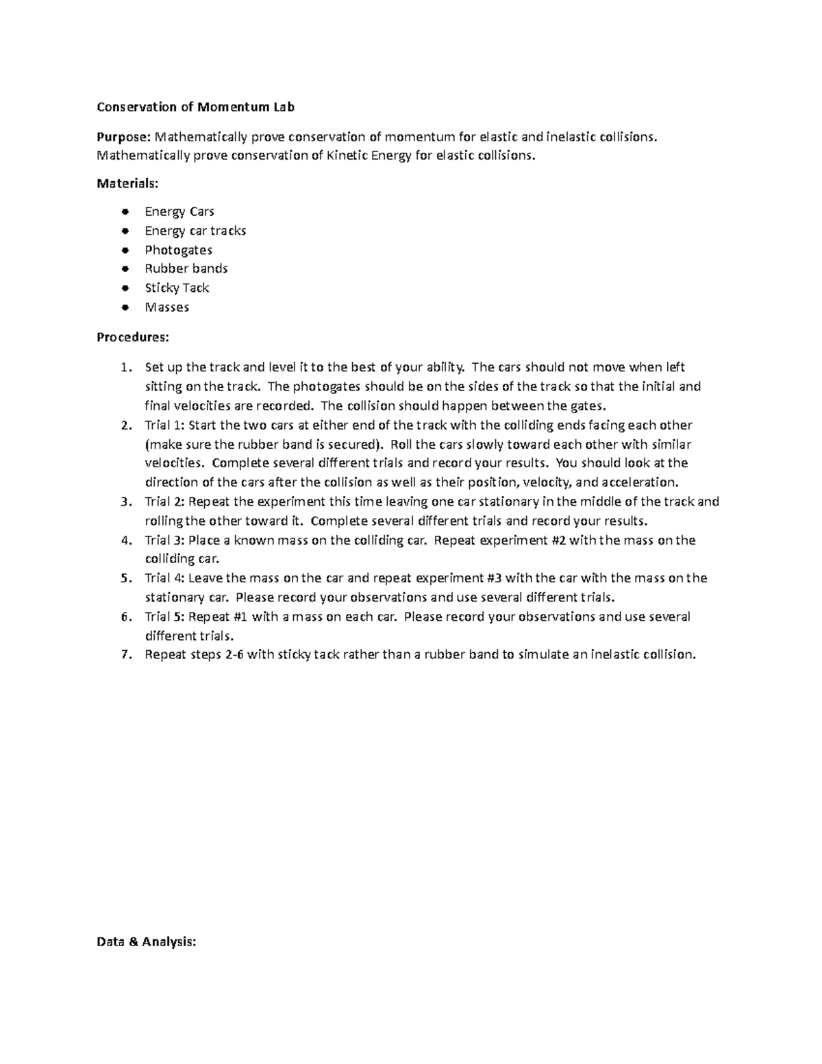 Conservation of Momentum Lab - Conservation of Momentum Lab Purpose ...