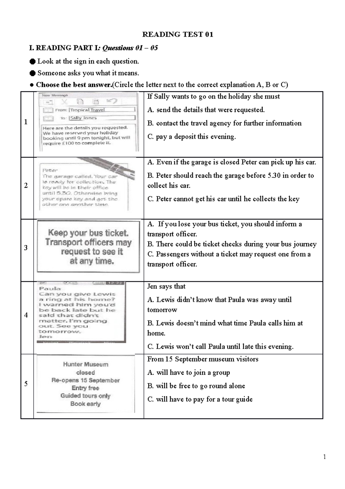 Reading TEST - practice - READING TEST 01 I. READING PART I: Questions ...