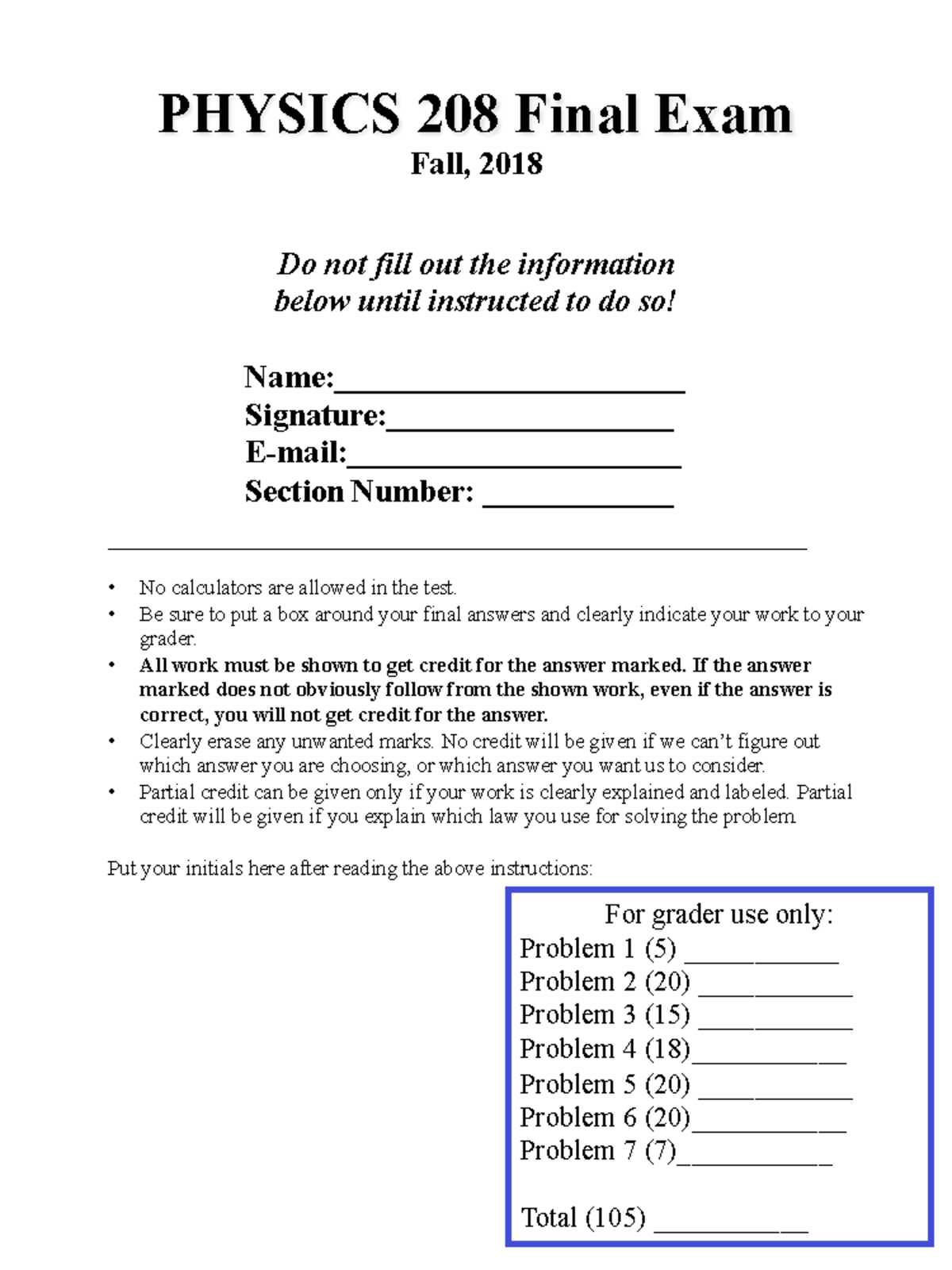 Final exam 2018 - PHYSICS 208 Final Exam Fall, 2018 - Studocu