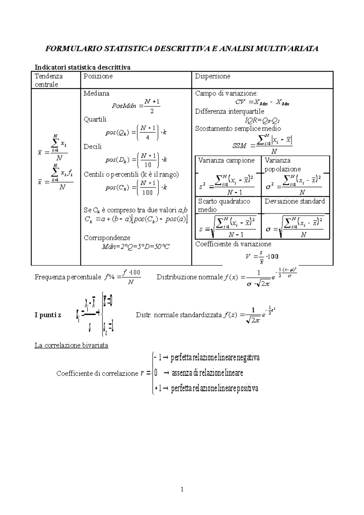 Formulario esame statistica - FORMULARIO STATISTICA DESCRITTIVA E ...