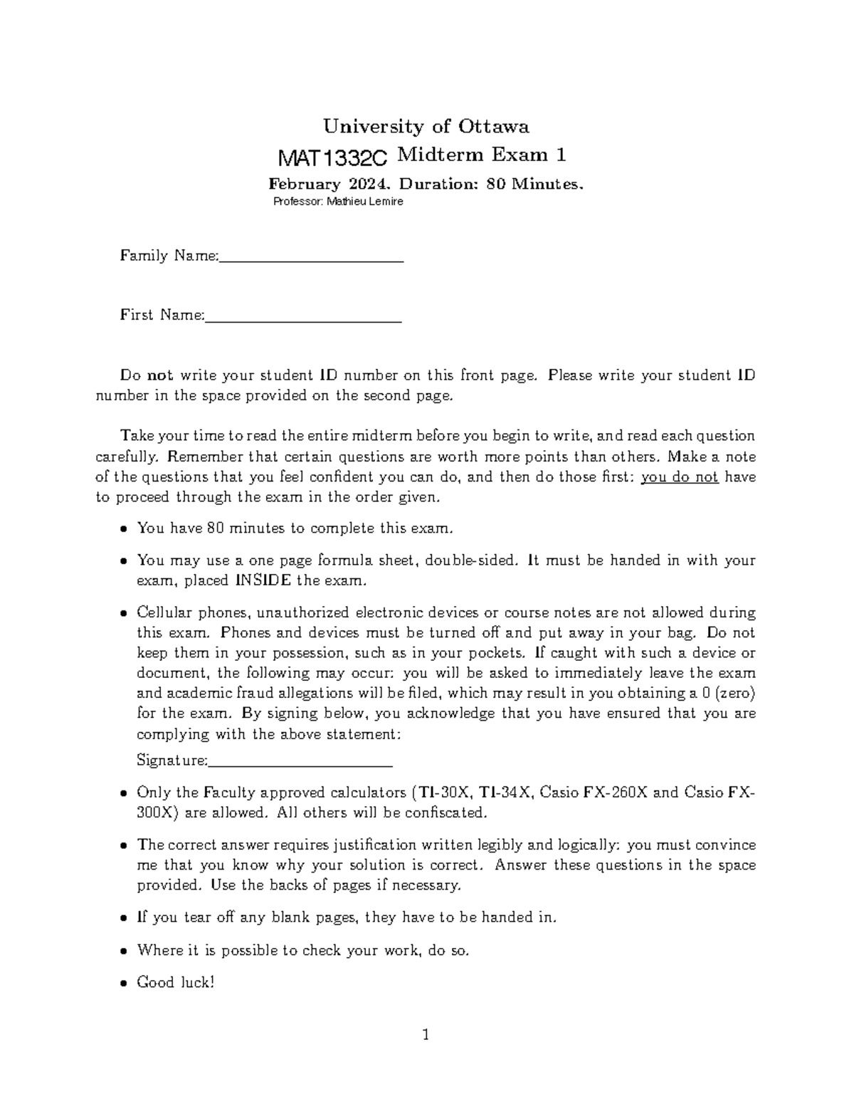 Midterm 1 Version 2 (Solutions) - University of Ottawa MAT 1332 Midterm Exam 1 February 2024 ...