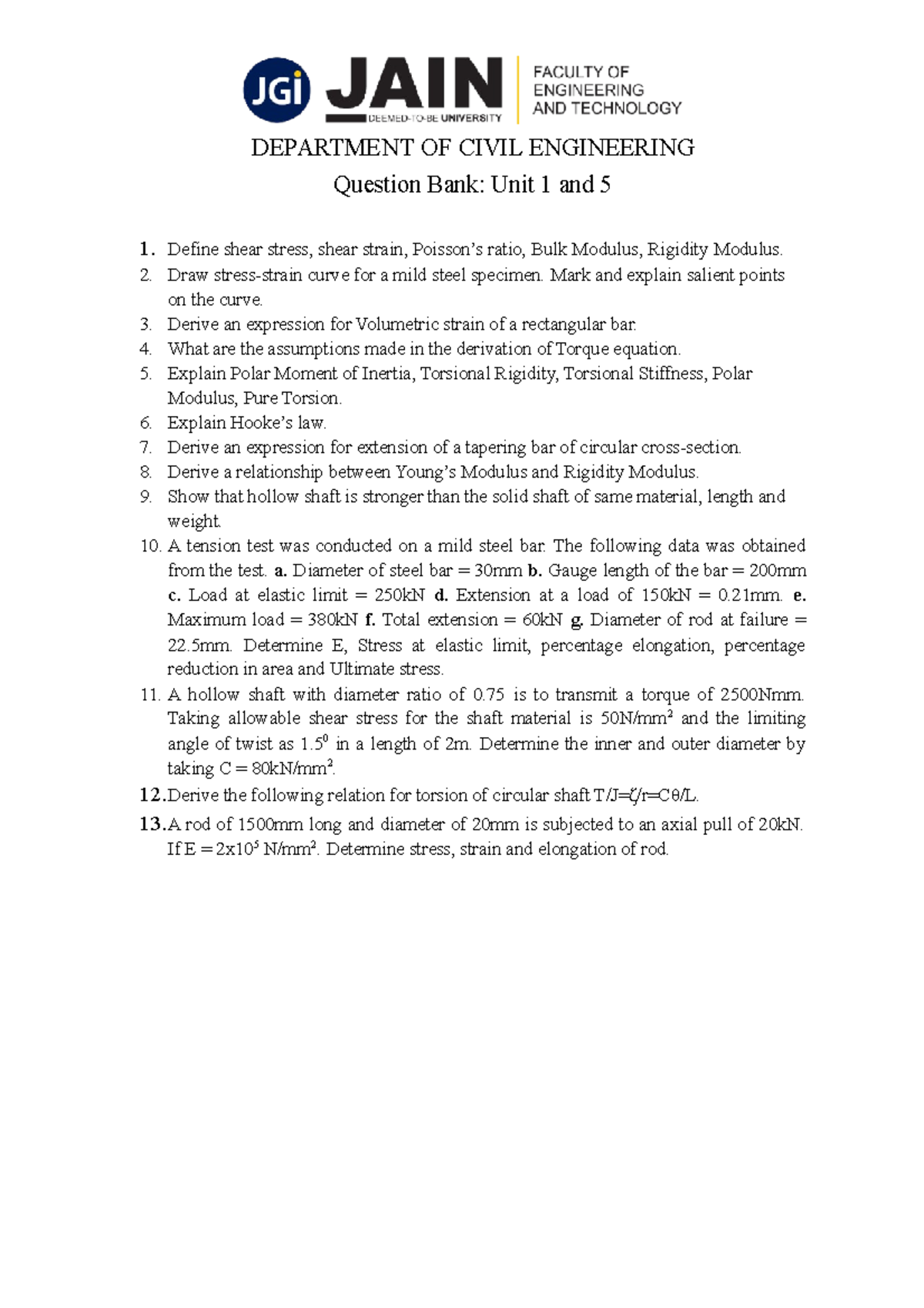 Question Bank Unit 1 and 5 - DEPARTMENT OF CIVIL ENGINEERING Question Bank: Unit 1 and 5 1 ...