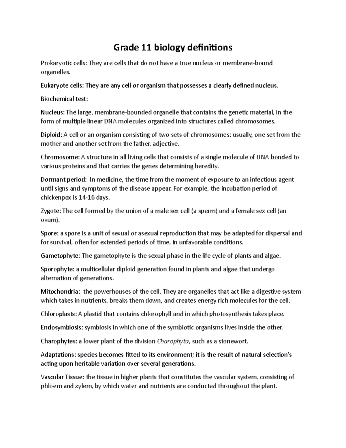 Grade 11 biology Vocabulary - Grade 11 biology definitions Prokaryotic ...