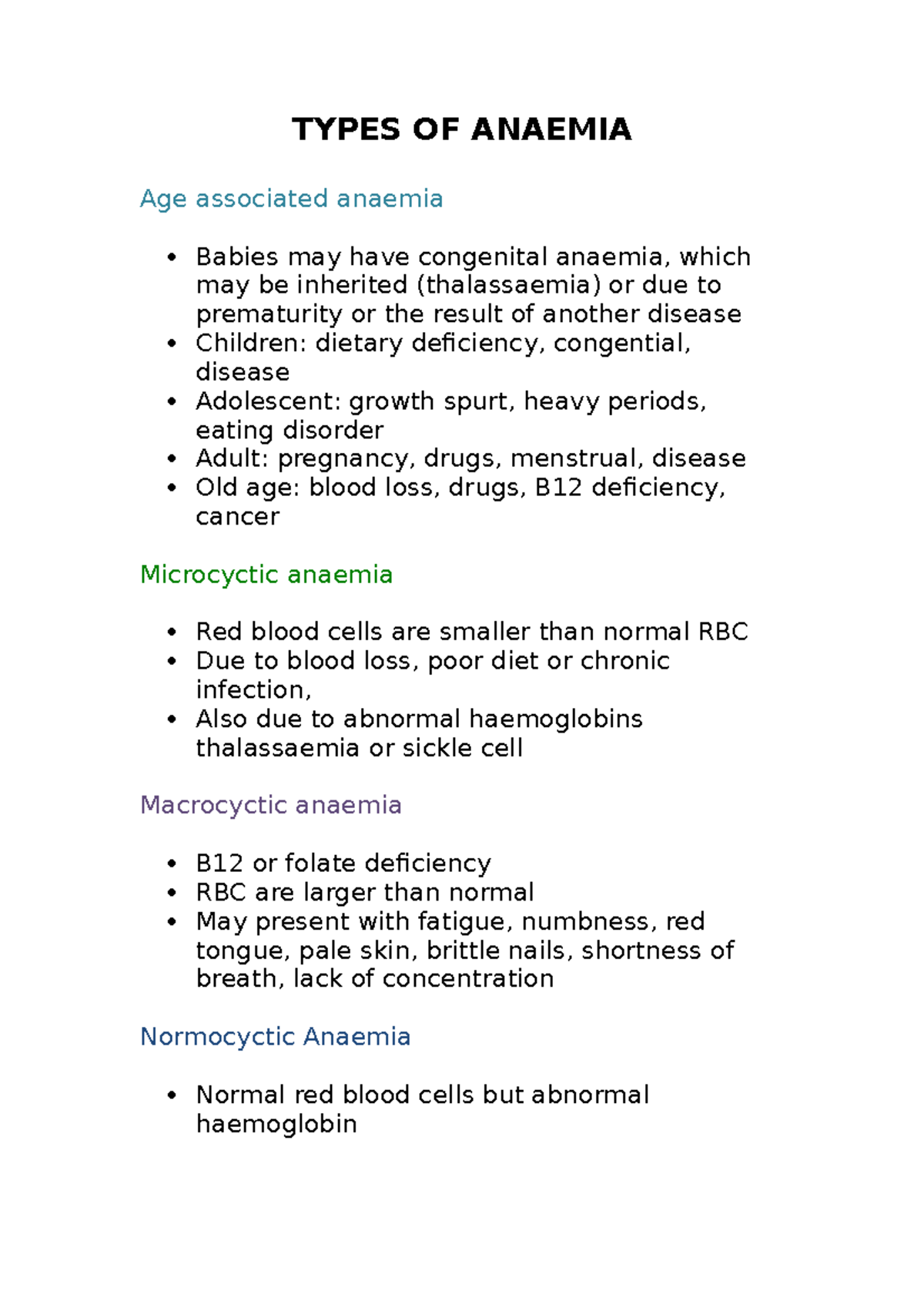 Types OF Anaemia - notes - TYPES OF ANAEMIA Age associated anaemia ...
