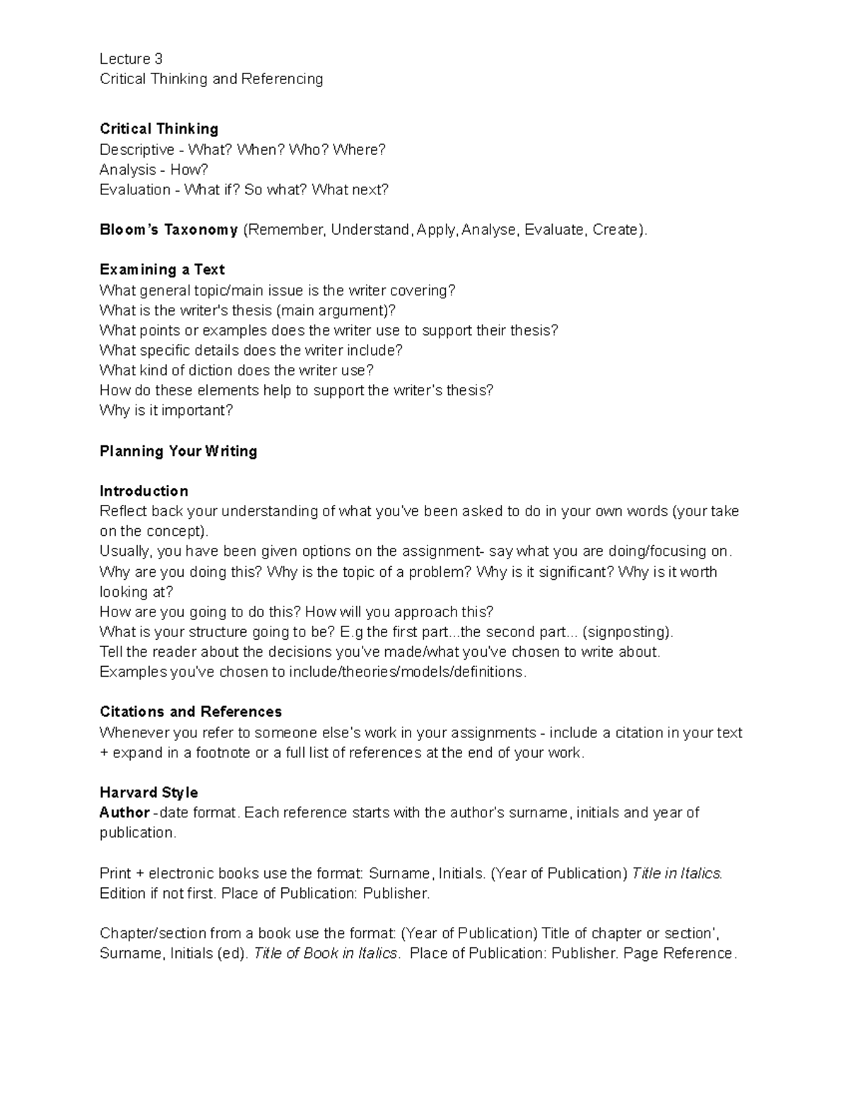 Critical Thinking and Referencing - Lecture 3 Critical Thinking and ...