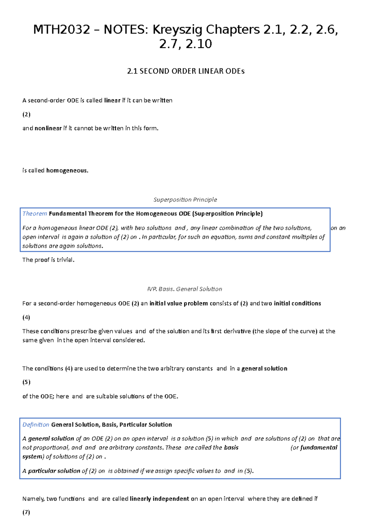 Second Order Linear Odes Notes 2 2 2 Second Order Linear Odes A Second Order Ode Is Called