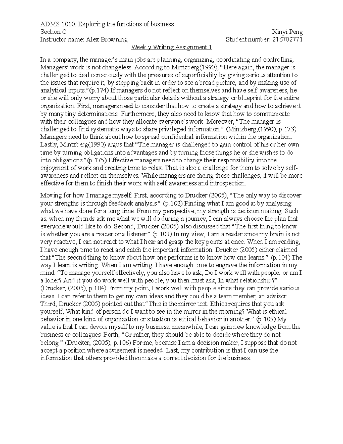 Assignment 1 - ADMS 1010. Exploring the functions of business Section C Xinyi Peng Instructor ...