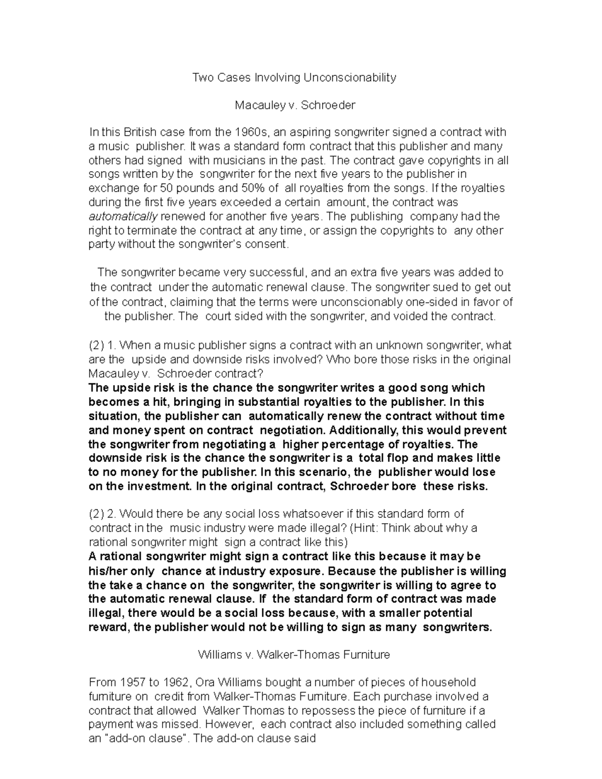 Macauley v. Schroeder - Two Cases Involving Unconscionability - Two ...