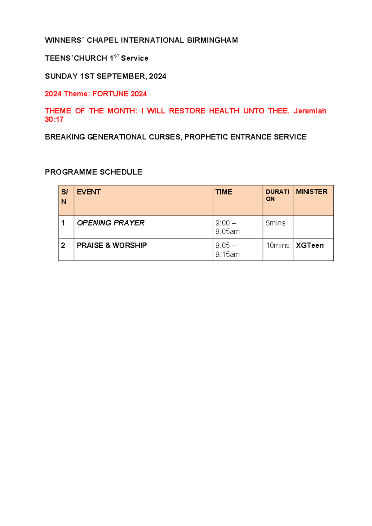 Teens church 1st Sunday Service Outline 01-09-2024 - WINNERS’ CHAPEL ...