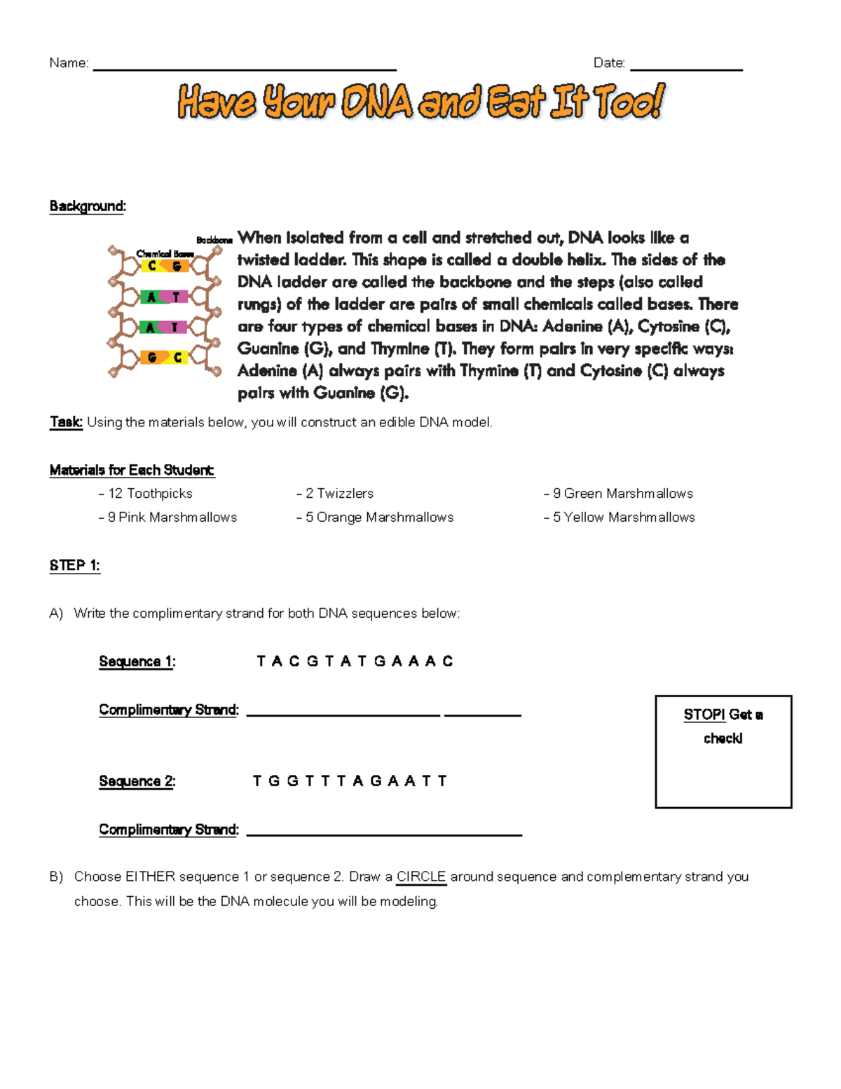 DNA twizzler lab - DNA model lab - Name: Date: Background: Task: Using ...