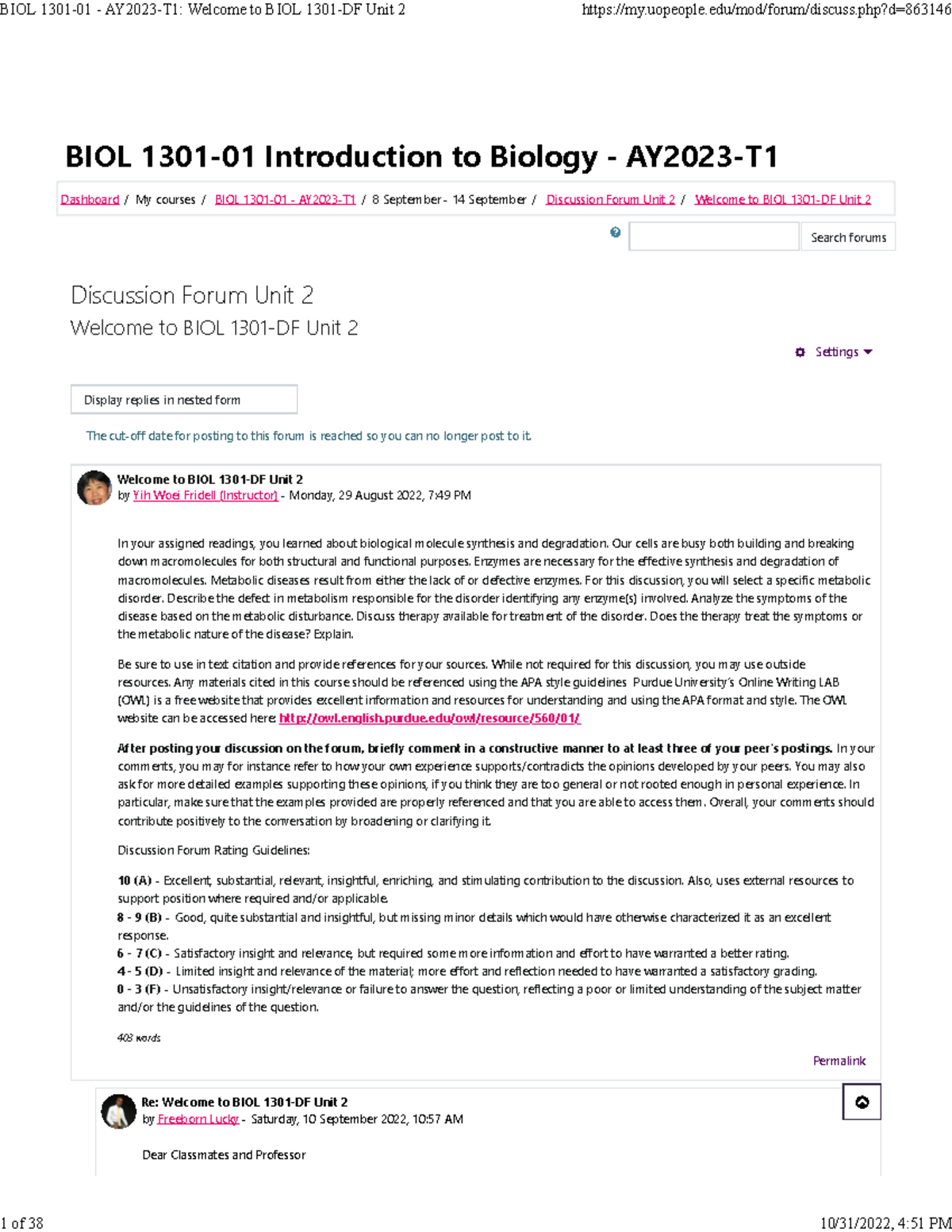 BIOL 1301-01 - AY2023-T1 Welcome to BIOL 1301-DF Unit 2 - BIOL 1301-01 Introduction to Biology ...