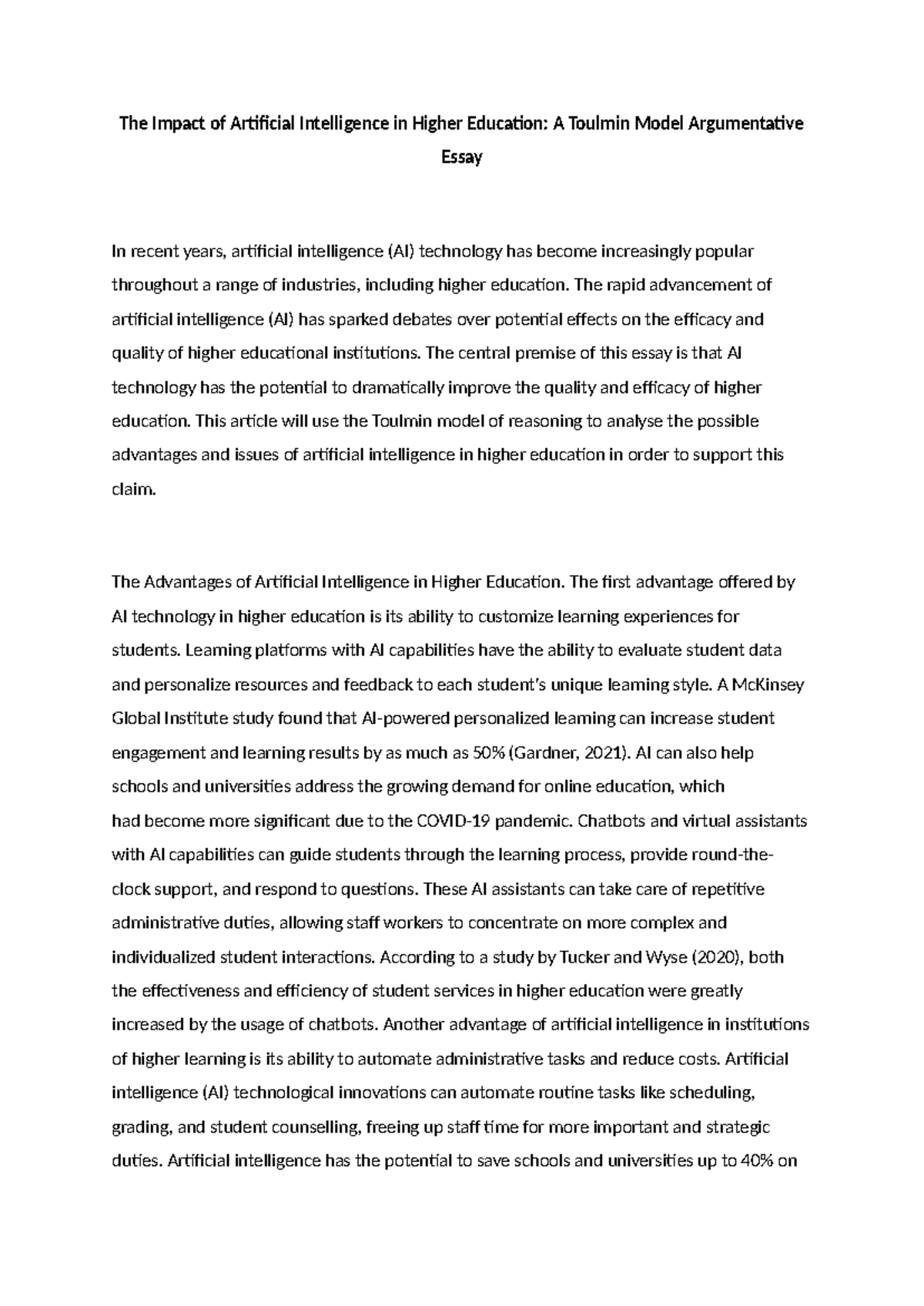 The Impact of Artificial Intelligence in Higher Education. A Toulmin ...