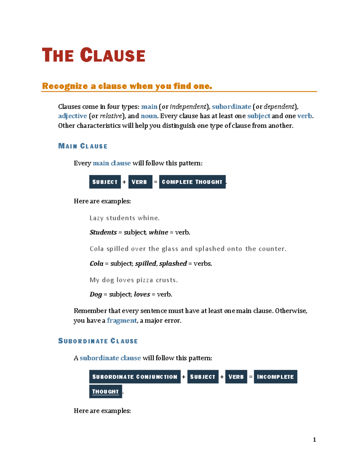 Clauses Topic - 1 THE CLAUSE Recognize a clause when you find one ...