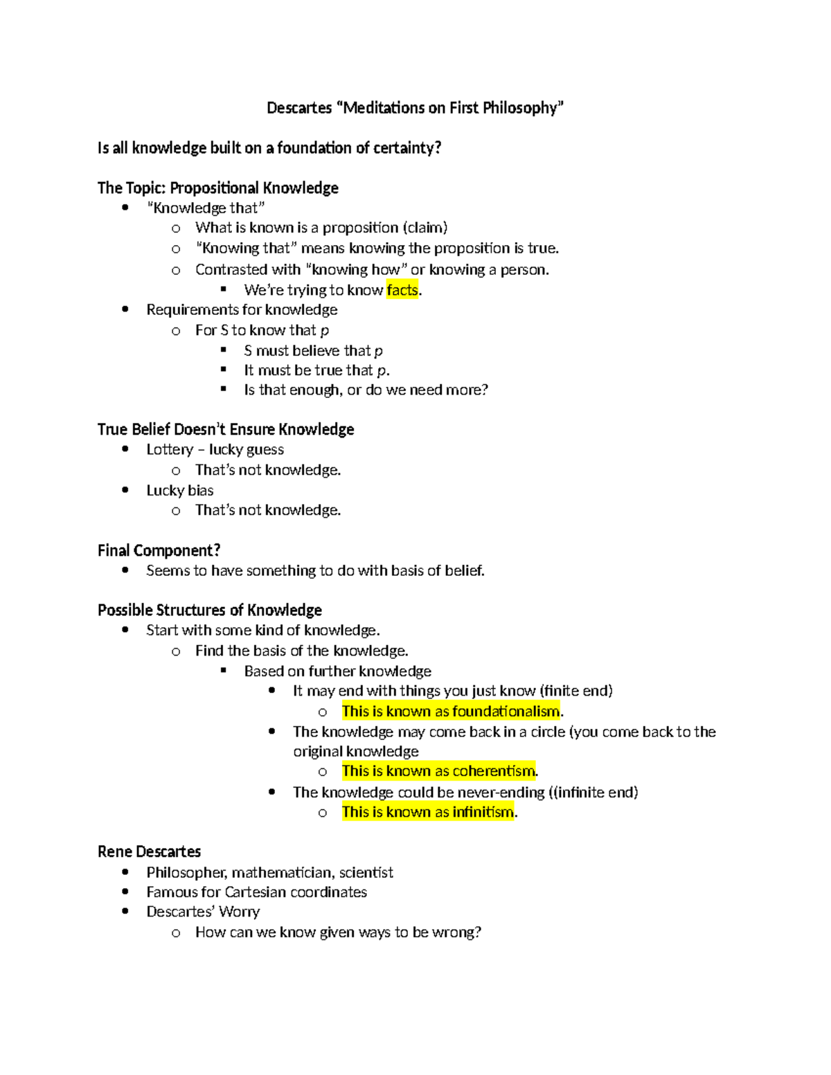 Unit 3 Lecture Notes - Descartes “Meditations on First Philosophy” Is ...