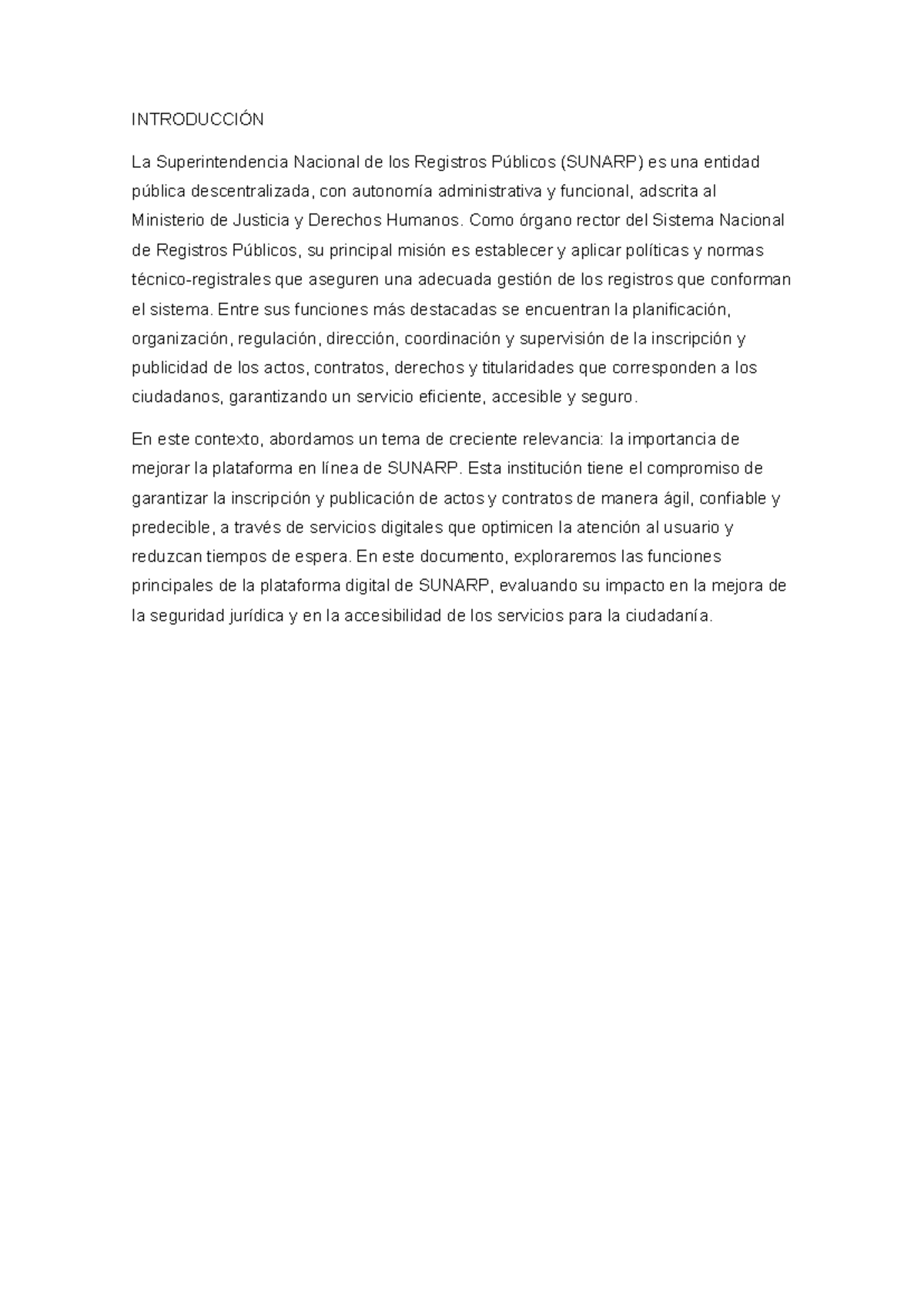 Tarea - Informe de la plataforma en línea de Sunarp - INTRODUCCIÓN La Superintendencia Nacional ...