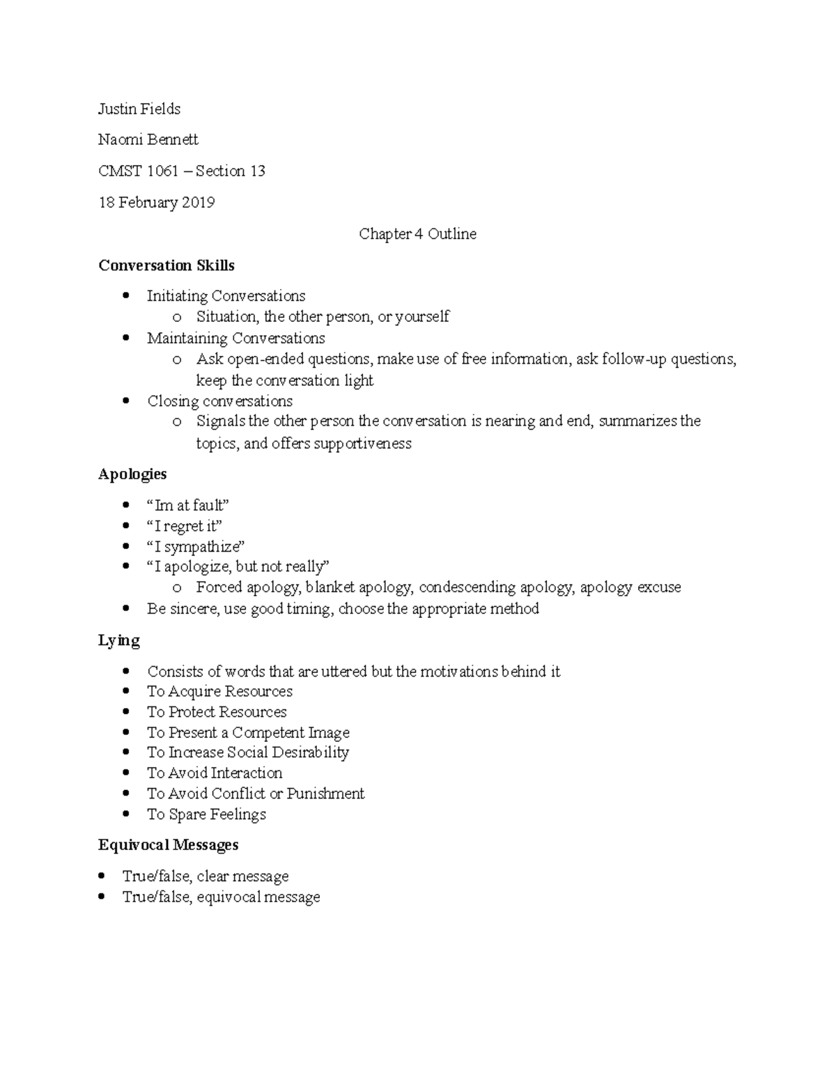 Chapter 4 Outline - Justin Fields Naomi Bennett CMST 1061 – Section 13 ...