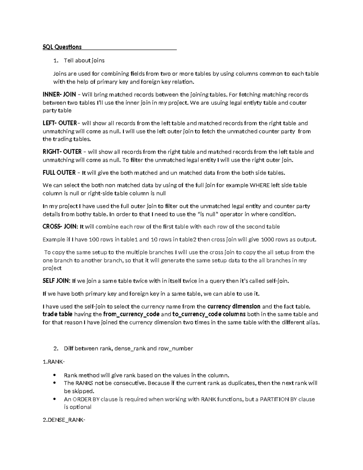 Sql Questions And Answer Sql Questions 1 Tell About Joins Joins Are Used For Combining Fields