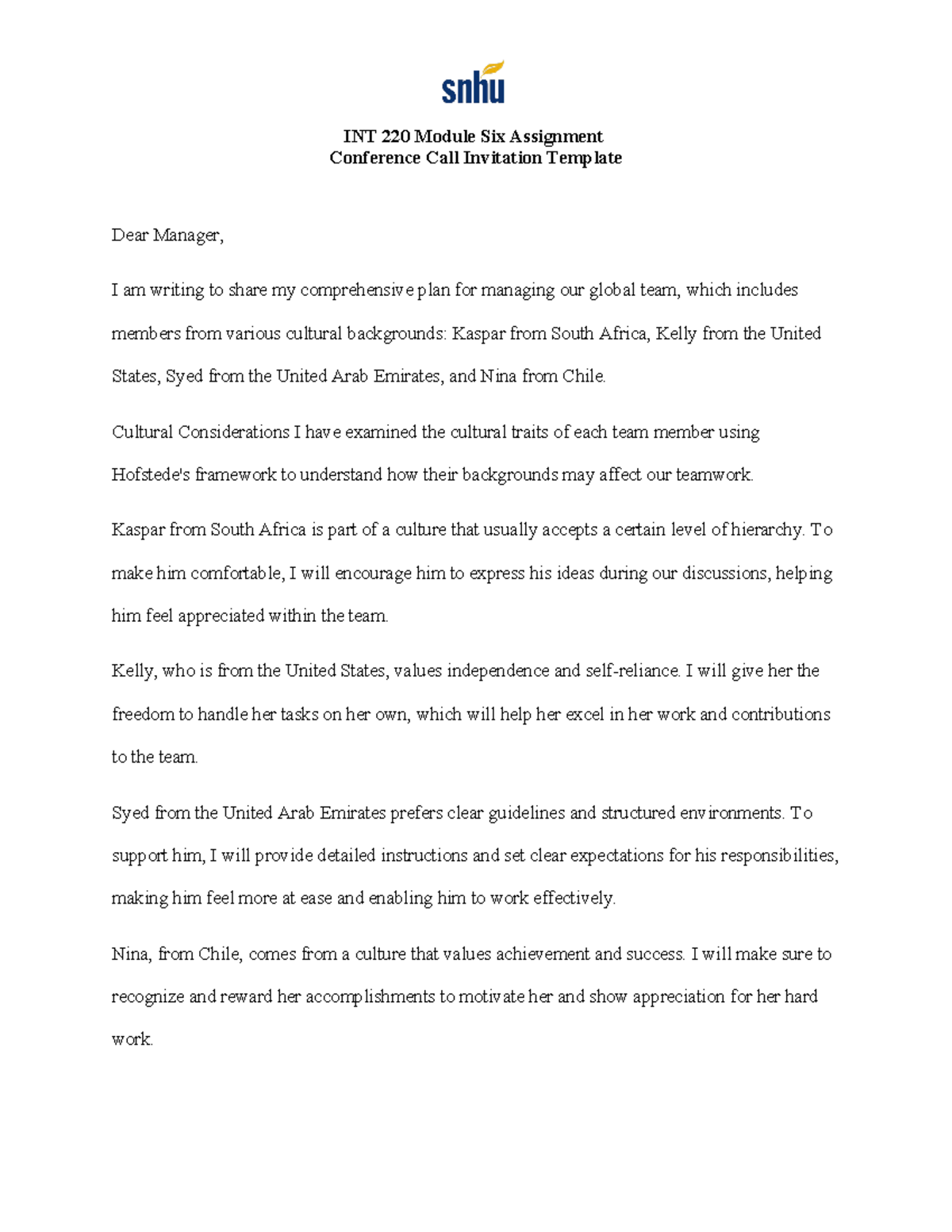 INT 220 Conference Call Invitation - INT 220 Module Six Assignment ...