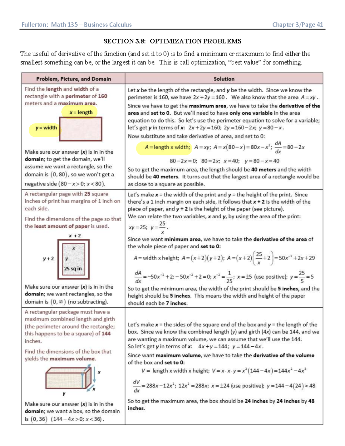 3.8 and 3.9 Notes - Business Calculus Chapter 3 (Optimization and ...