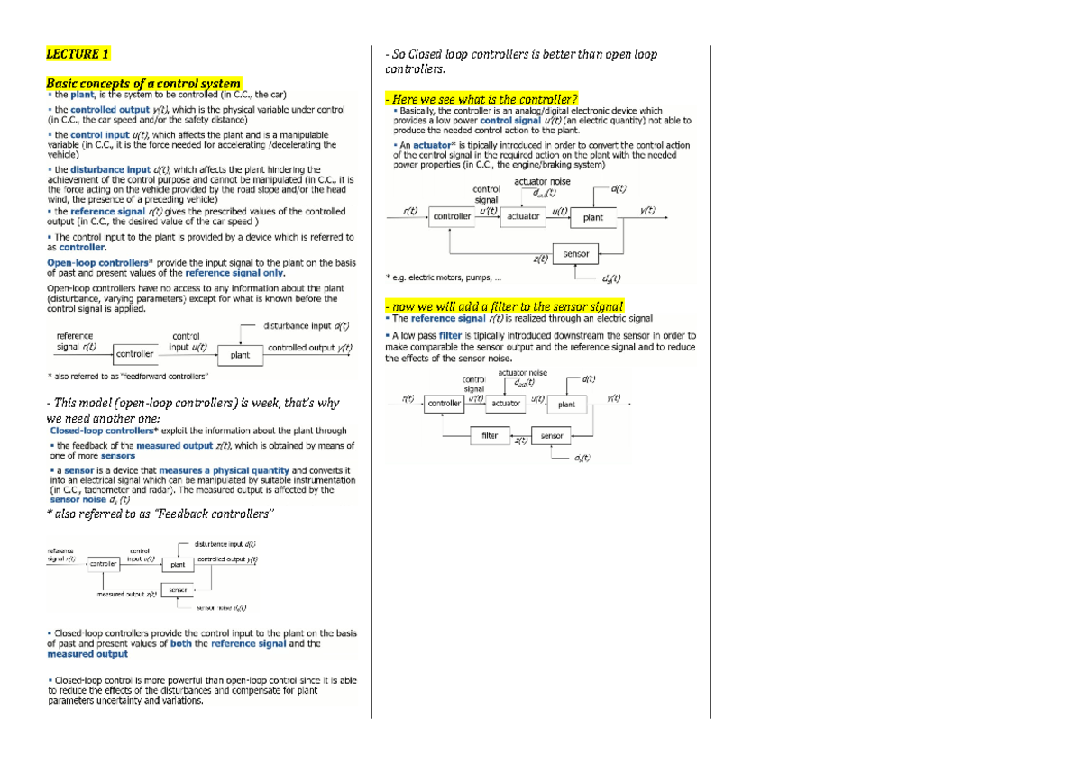 Automatic Control - notes - LECTURE 1 Basic concepts of a control ...