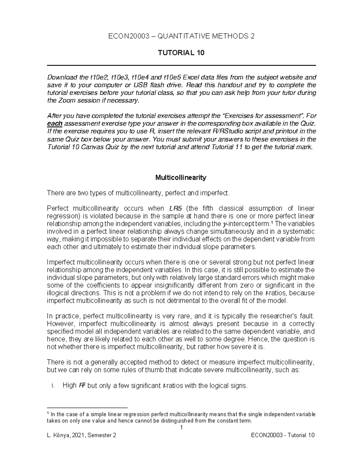 Tutorial 10 - Week 10 tute - 1 ECON20003 – QUANTITATIVE METHODS 2 ...