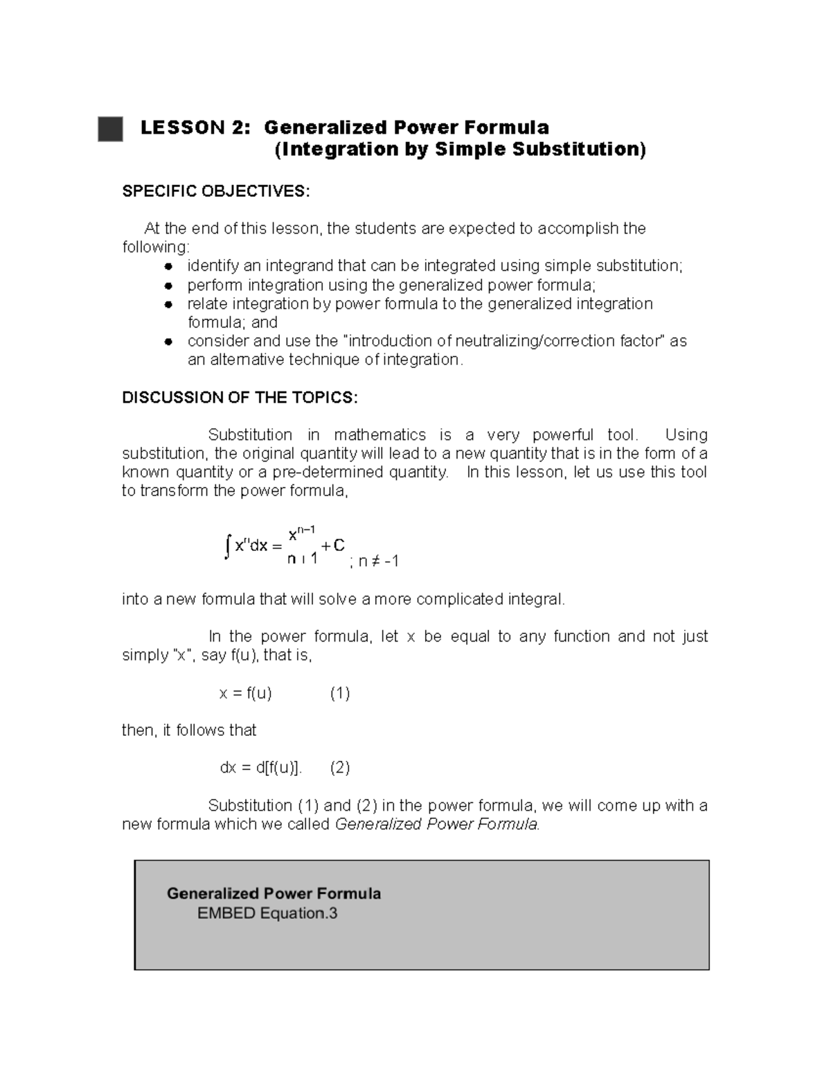 Integral calculus- Lesson 2- Power formula notes - LESSON 2 ...