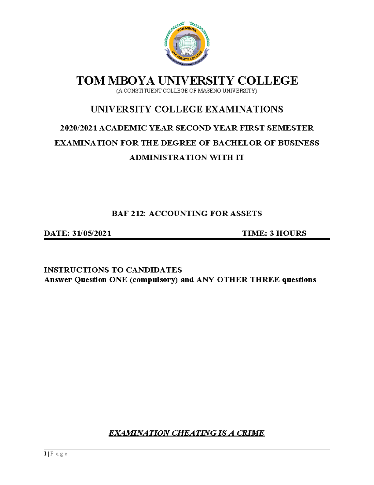 BAF 212-NEW - Assignment - TOM MBOYA UNIVERSITY COLLEGE (A CONSTITUENT ...