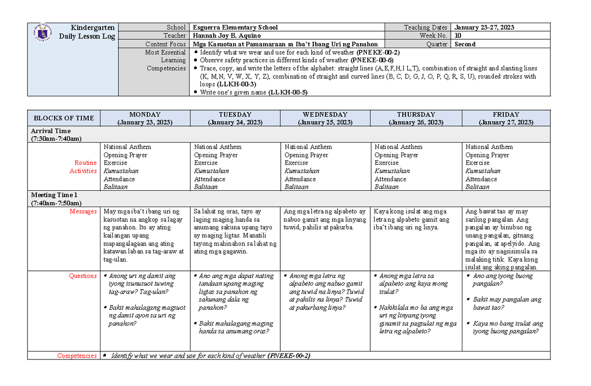 Kindergarten DLL MELC Q2 Week 10 - Kindergarten Daily Lesson Log School ...
