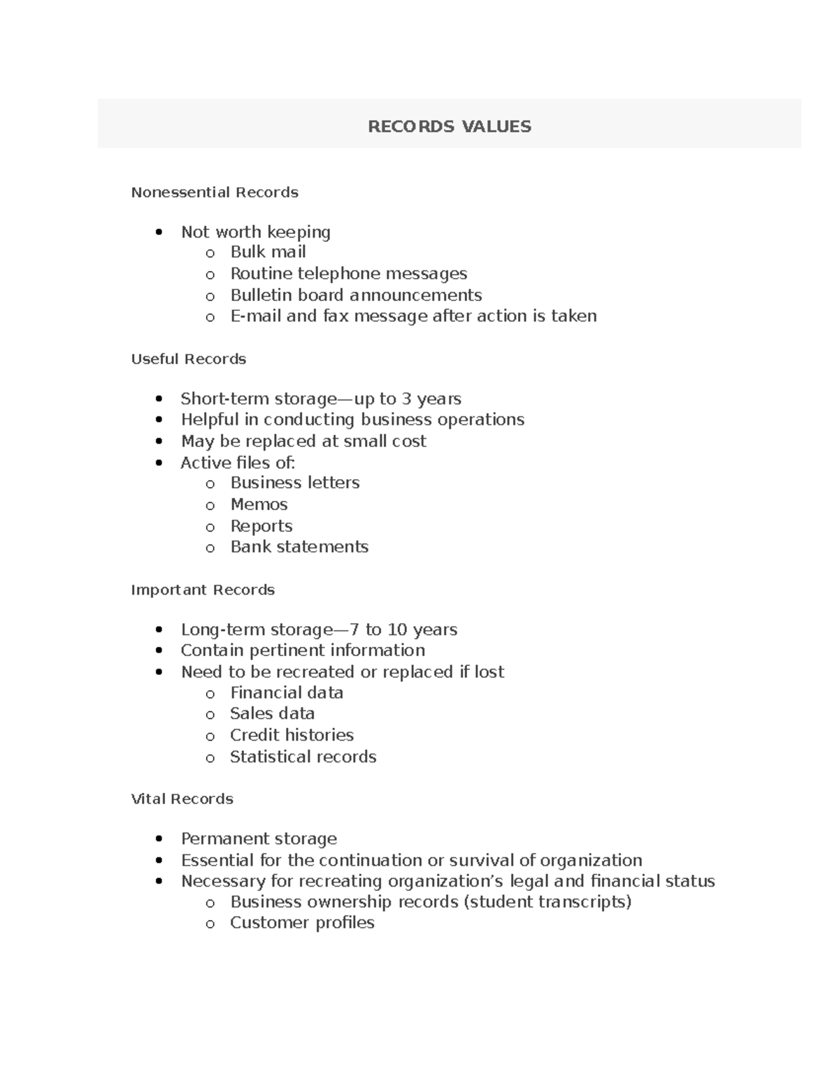 THE Value OF Records - Chapter 7 OAD - RECORDS VALUES Nonessential ...