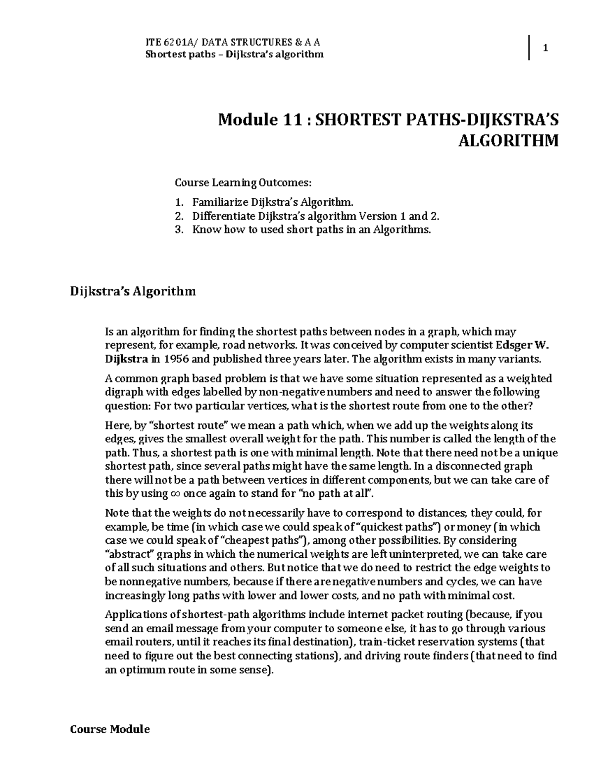 W13 Lesson 11 Shortest Paths Dijkstras Algorithm Module Ite 6201a Data Structures And A A