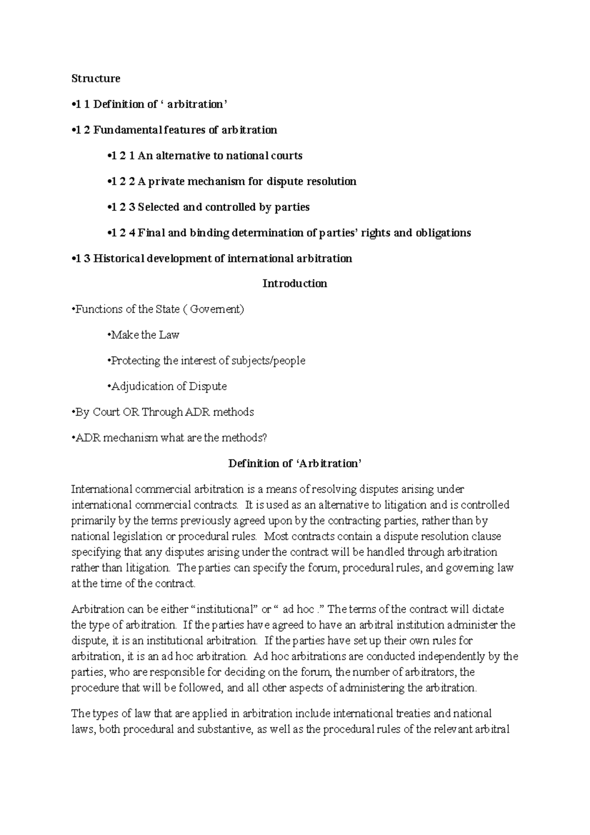 International Commercial Arbitration - Structure •1 1 Definition of ...