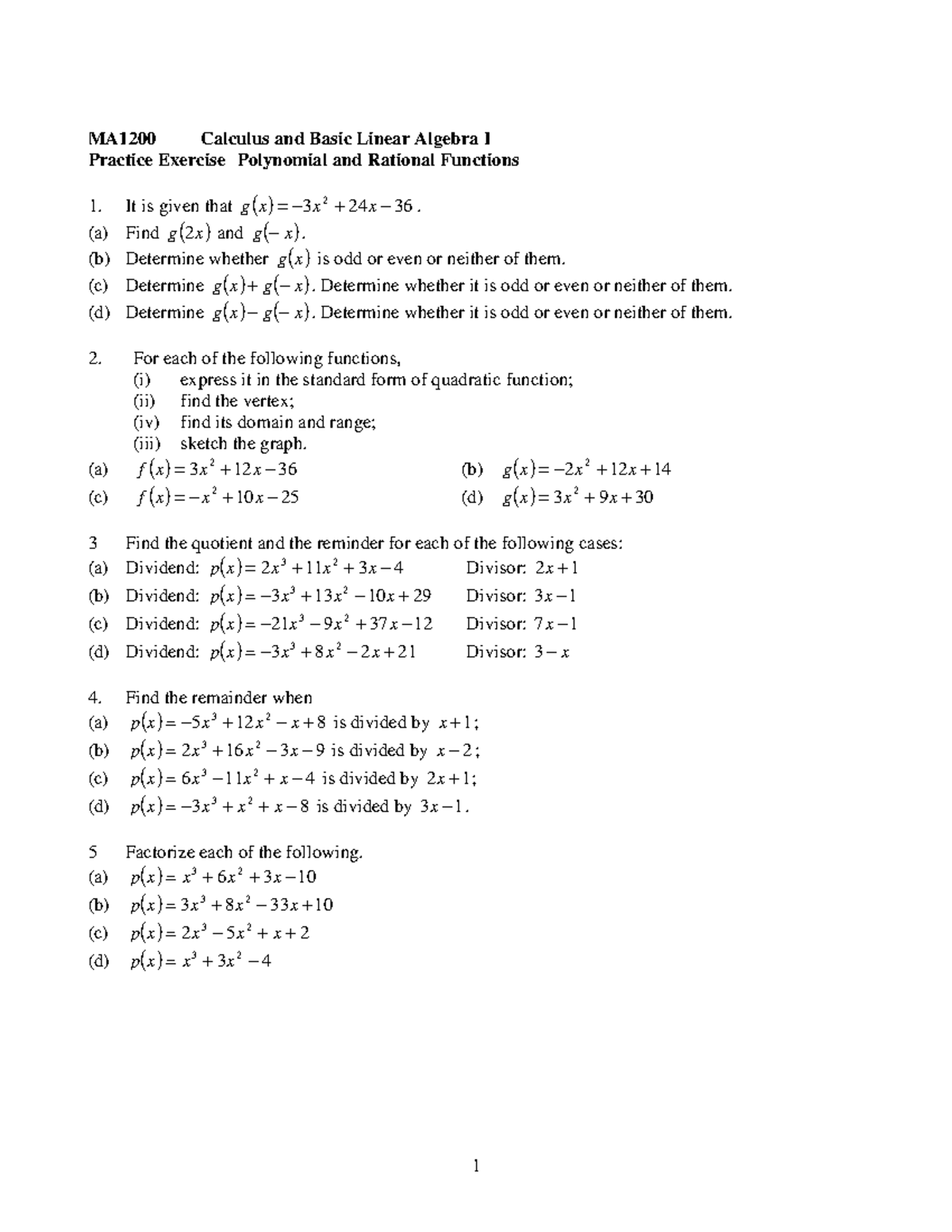 Chap 3 exercise - 1 MA1200 Calculus and Basic Linear Algebra I Practice Exercise Polynomial and ...