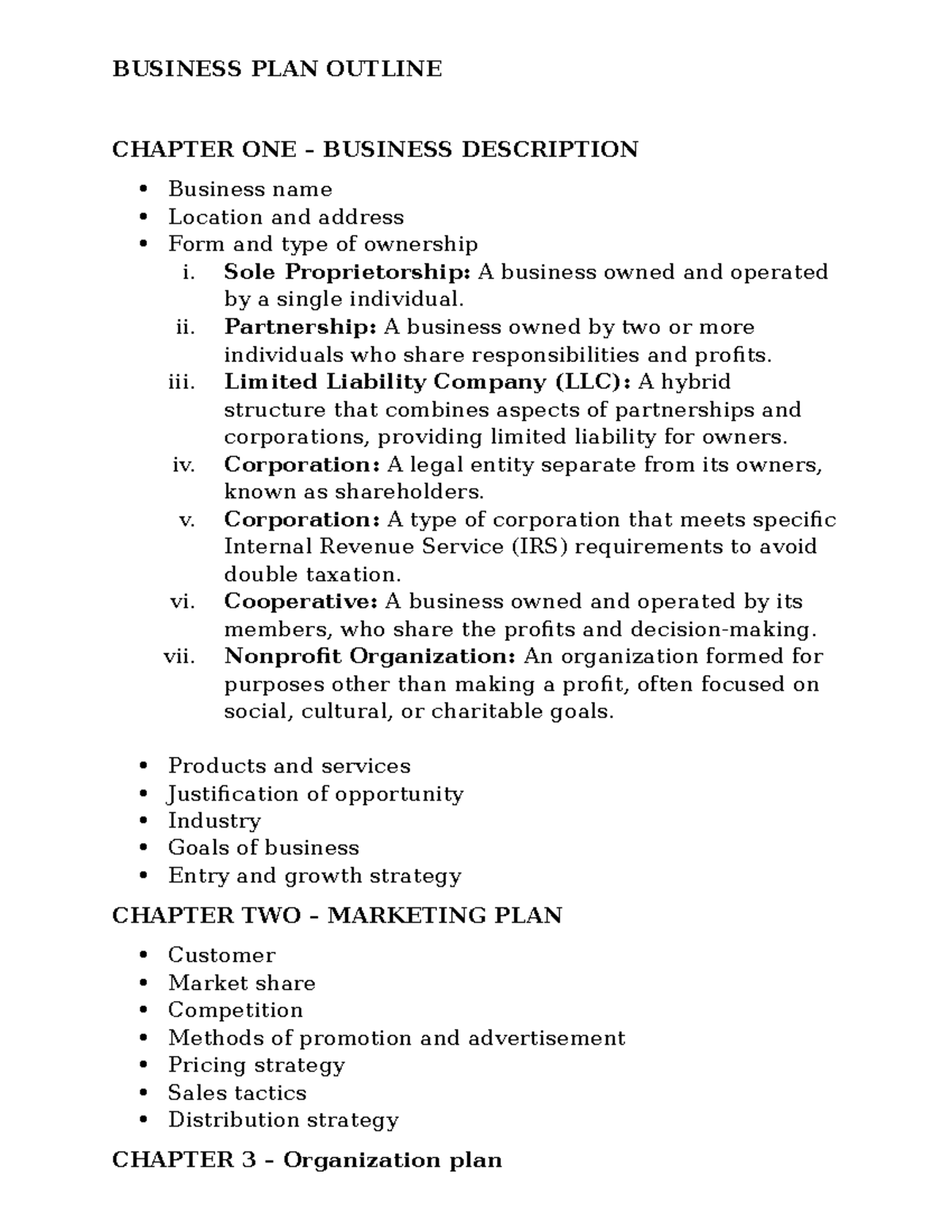 Bs plan - BUSINESS PLAN OUTLINE CHAPTER ONE – BUSINESS DESCRIPTION ...