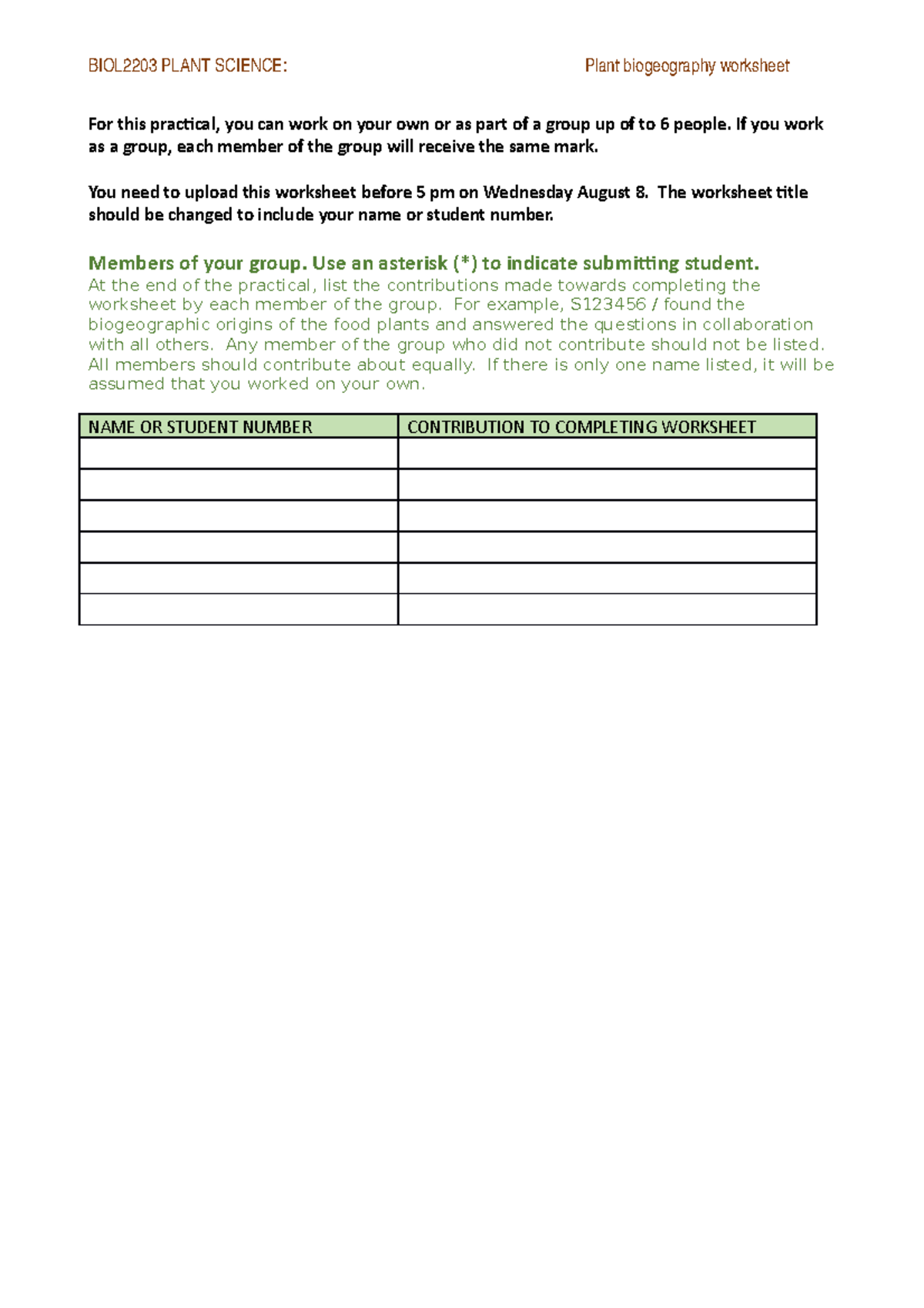 2018 Plant biogeography worksheet - BIOL2203 PLANT SCIENCE: Plant ...