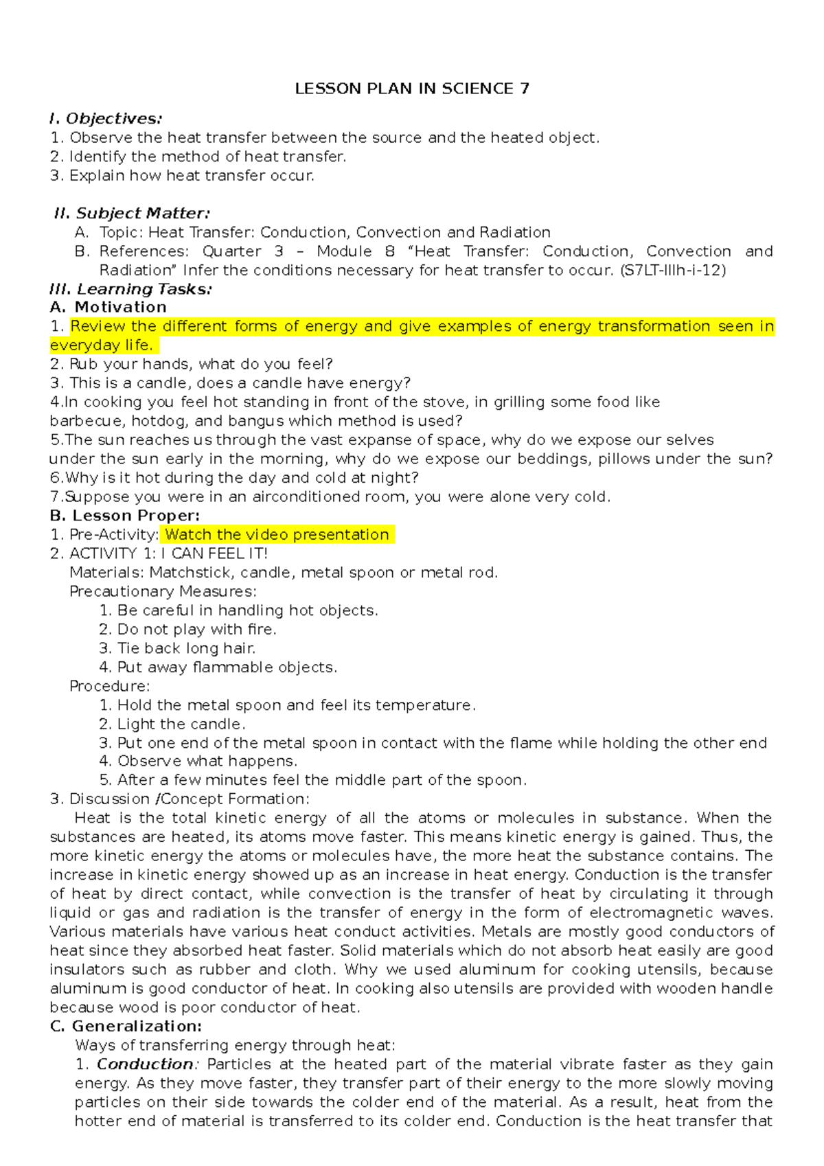 Lesson PLAN SCI7 EDNA NEW COT - LESSON PLAN IN SCIENCE 7 I. Objectives ...