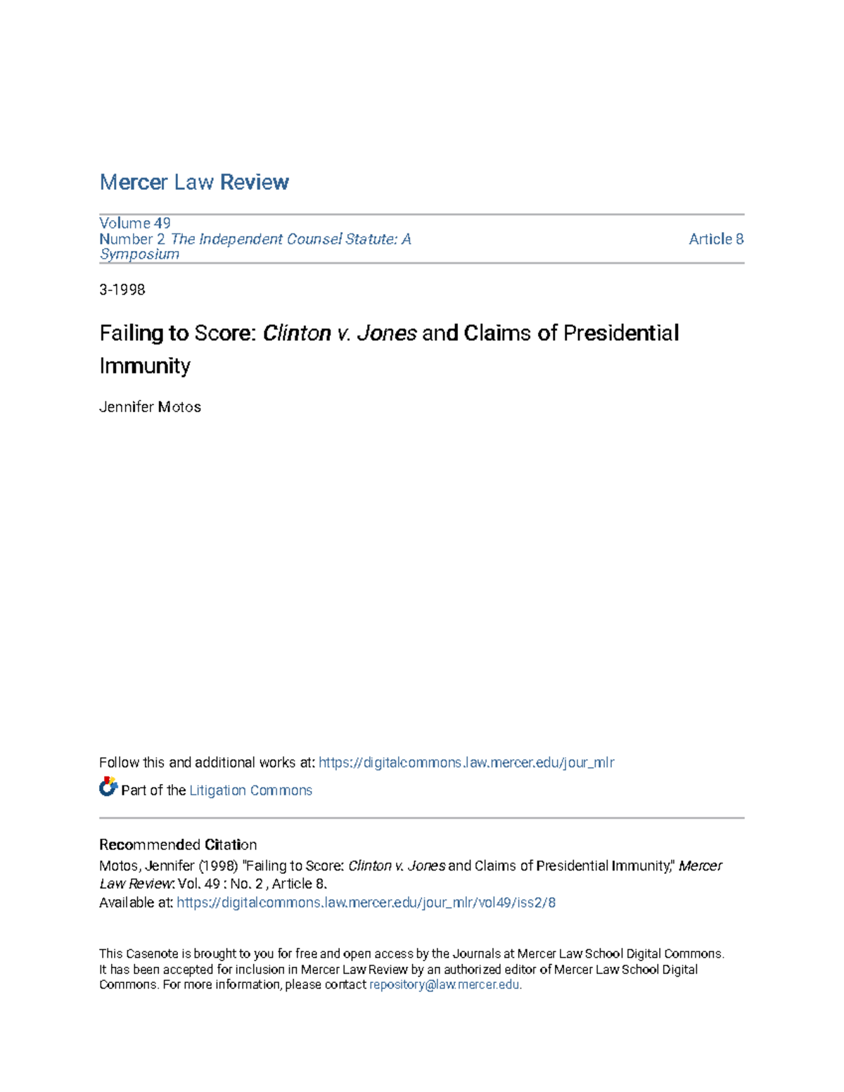 I Clinton v. Jones i - Case law - Mercer Law ReviewMercer Law Review ...