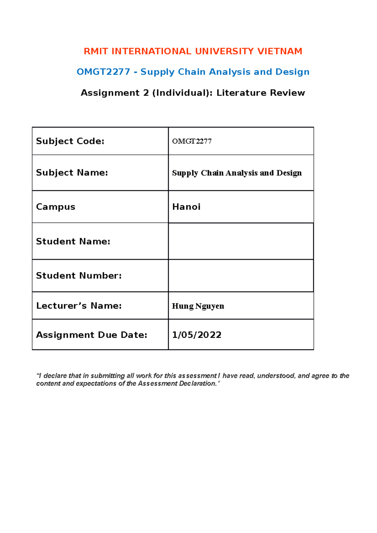 Asm - none - RMIT INTERNATIONAL UNIVERSITY VIETNAM OMGT2277 - Supply ...