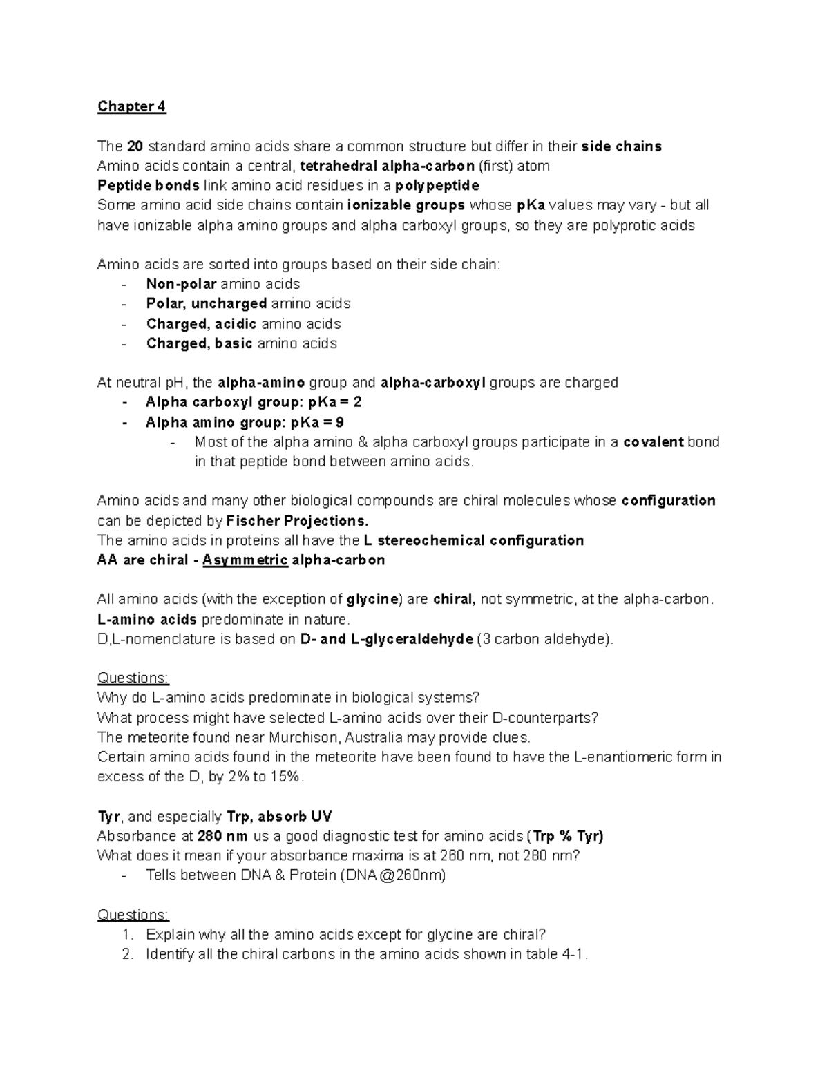 Bio Chem Exam 2 - Notes for exam 2 - Chapter 4 The 20 standard amino ...