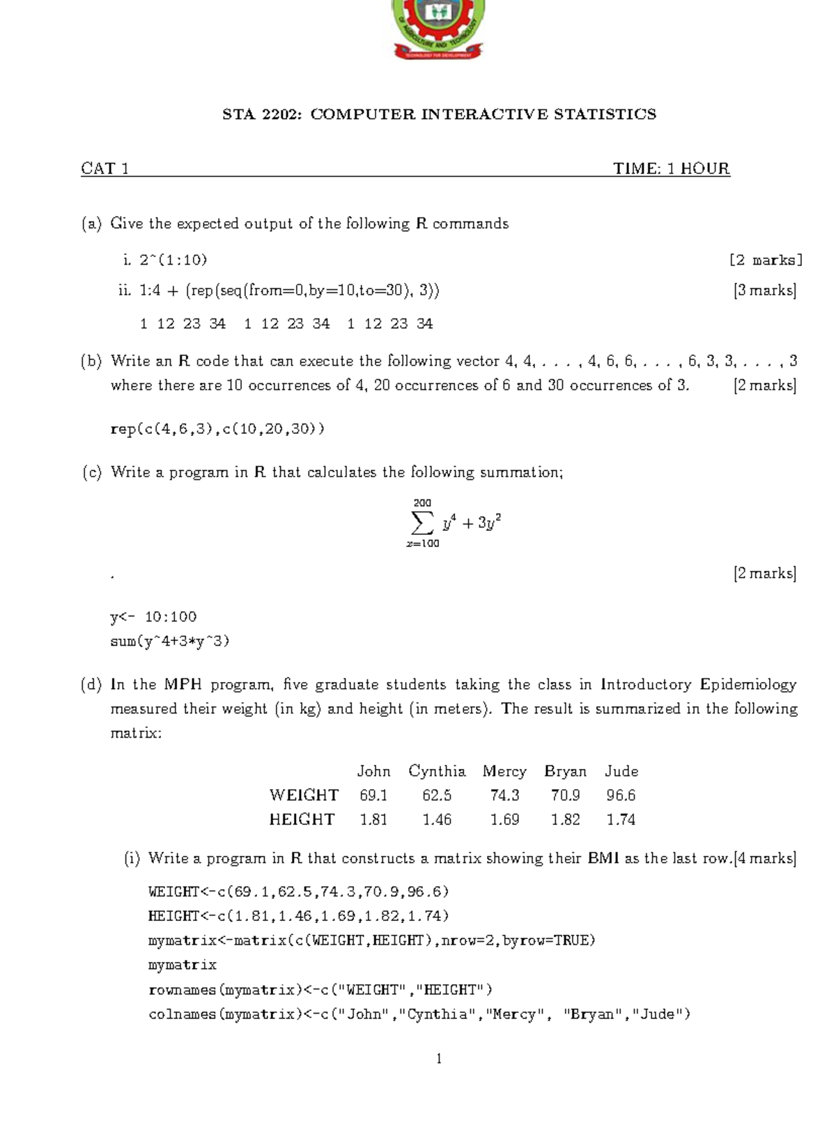 Sta 2202 c1 2023 MS - wonderful practice materials - STA 2202: COMPUTER ...