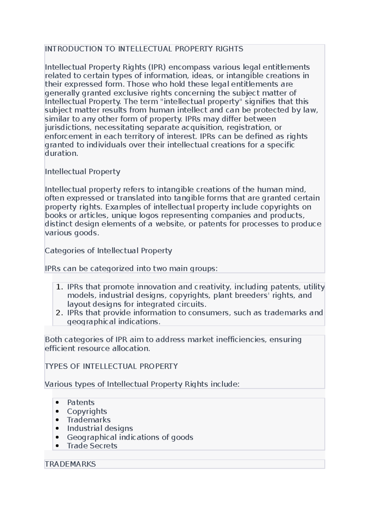 Introduction TO IPR - INTRODUCTION TO INTELLECTUAL PROPERTY RIGHTS ...