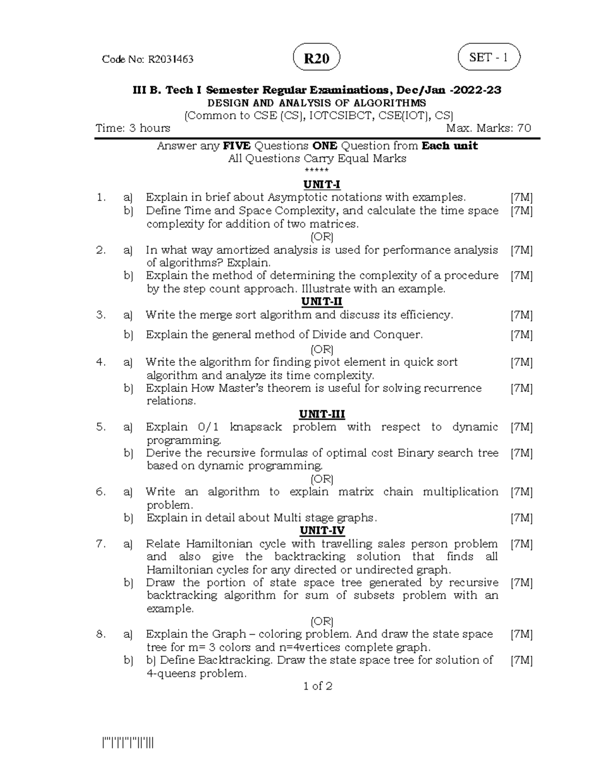 Design AND Analysis OF Algorithms JAN 2023CSE SUB - |'''|'|'|''|''||'||| III B. Tech I Semester ...