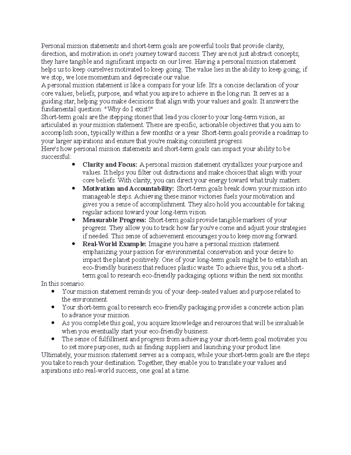 Module 4-1 discussion - Personal mission statements and short-term ...