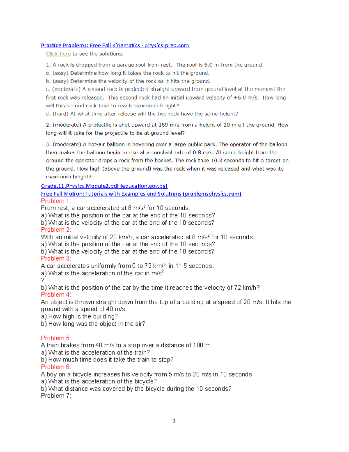 1 - practice - Practice Problems: Free Fall Kinematics - physics-prep ...