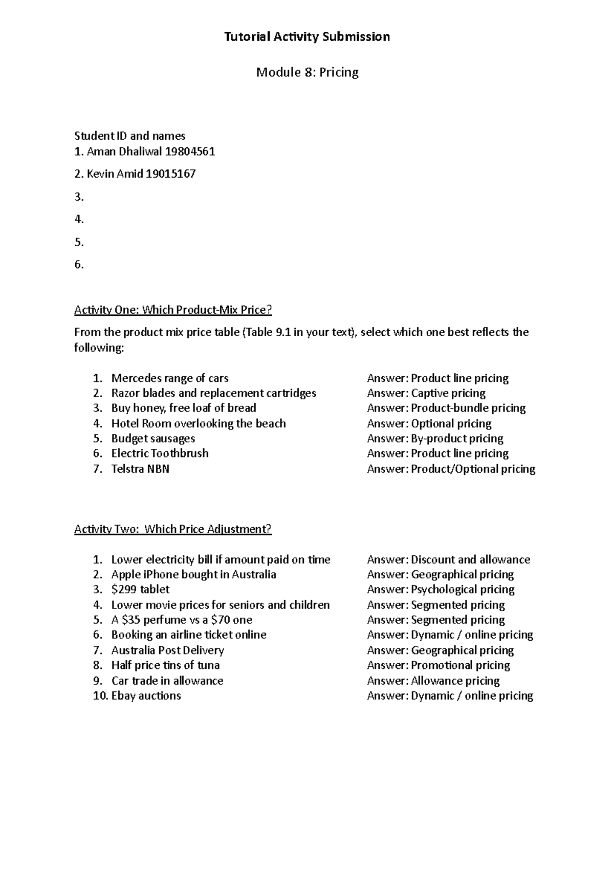 Tutorial Activity Submission Week 8 - Tutorial Activity Submission Module 8: Pricing Student ID ...